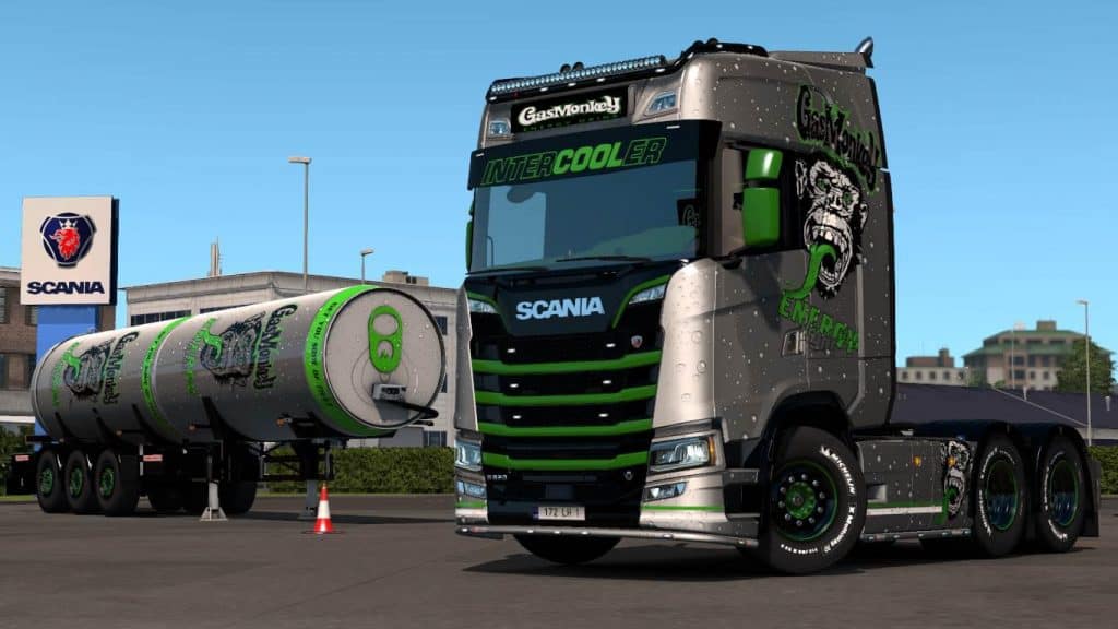 GAS MONKEY ENERGY SCANIA R + TRAILER SKINS V1.0 ETS2 - ETS2 Mod Download